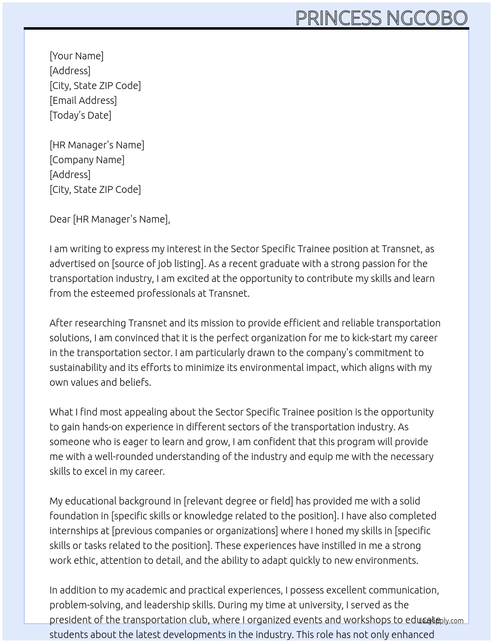 Cover letter for sector specific trainee - LazyApply