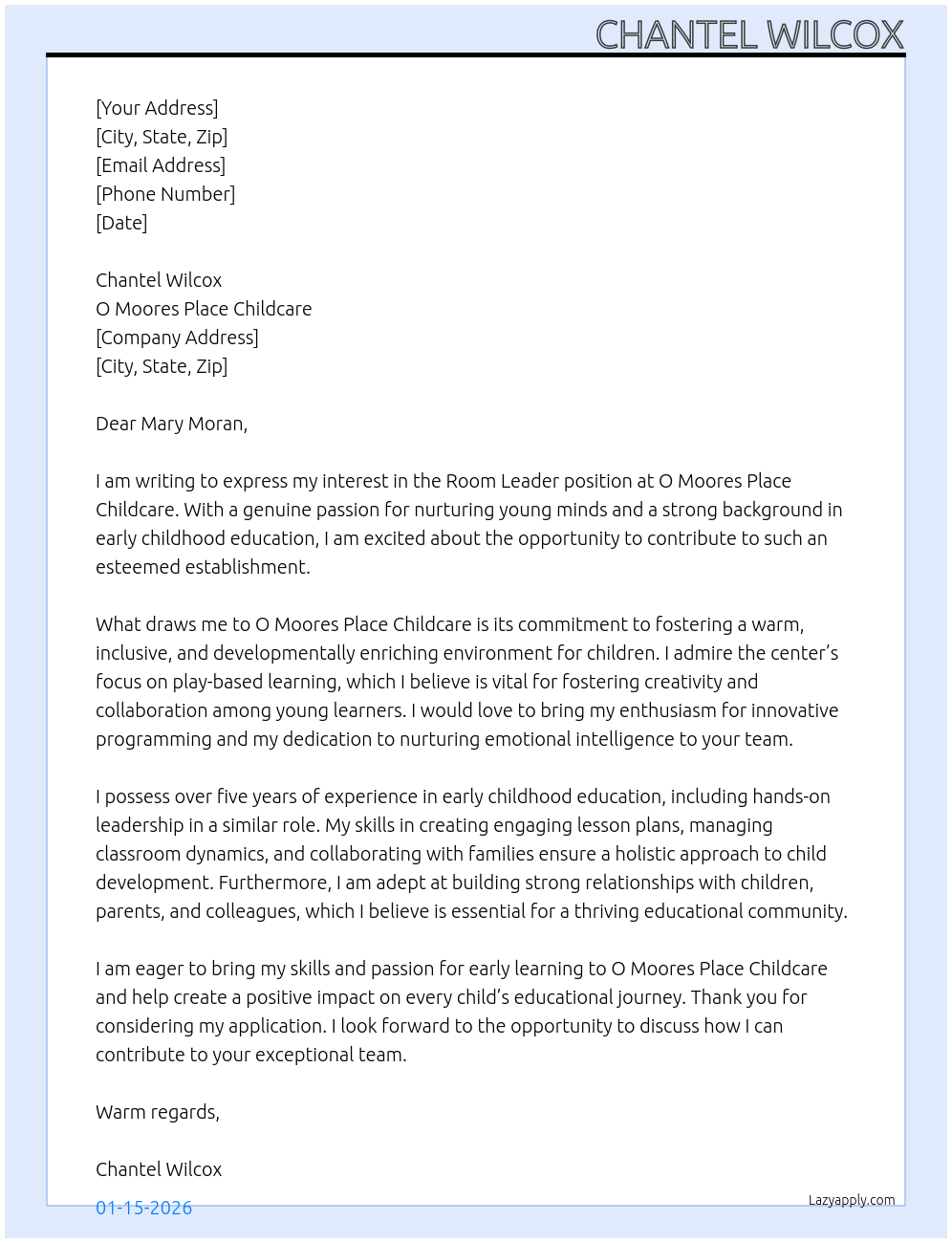 Cover letter for room leader elc - LazyApply