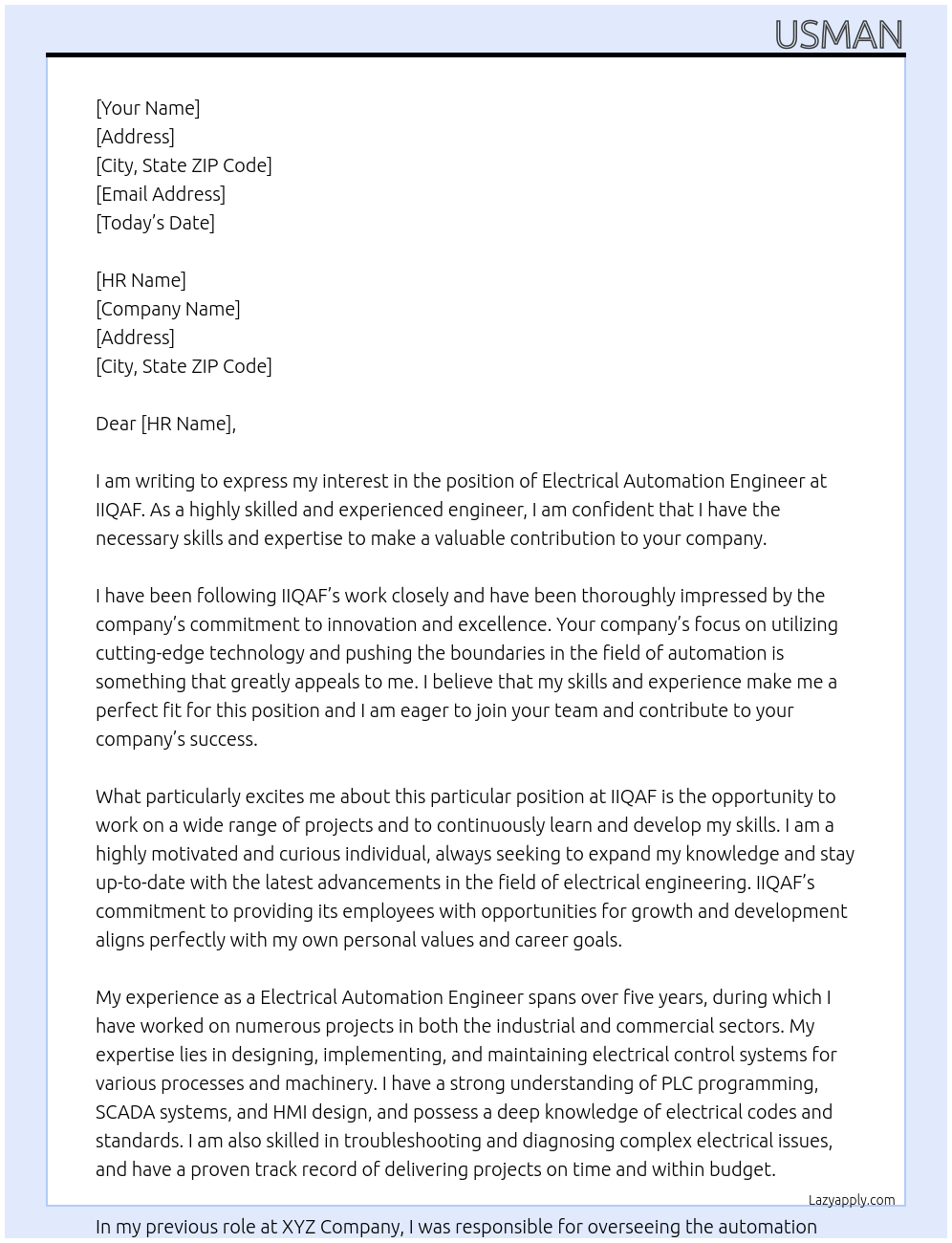 Cover letter for electrical & automation engineer - LazyApply