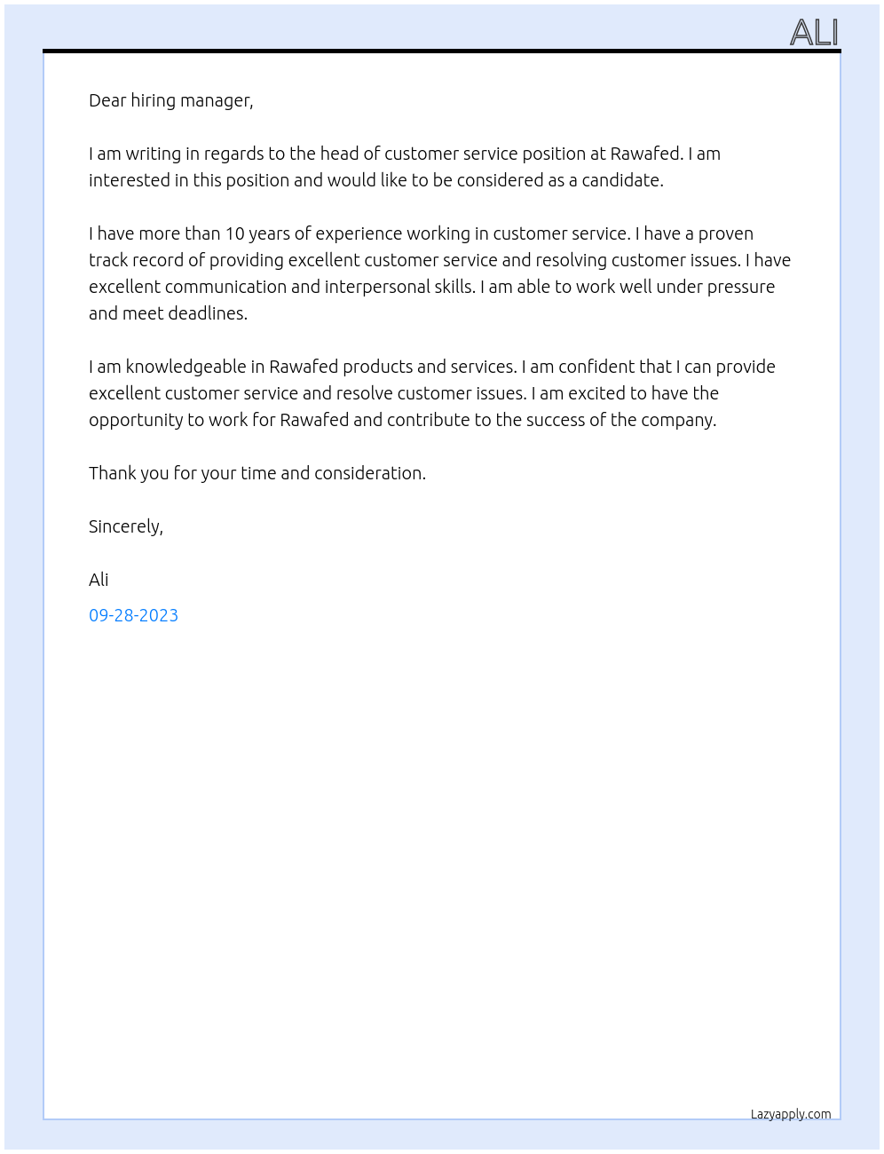 Cover letter for head of customer service - LazyApply