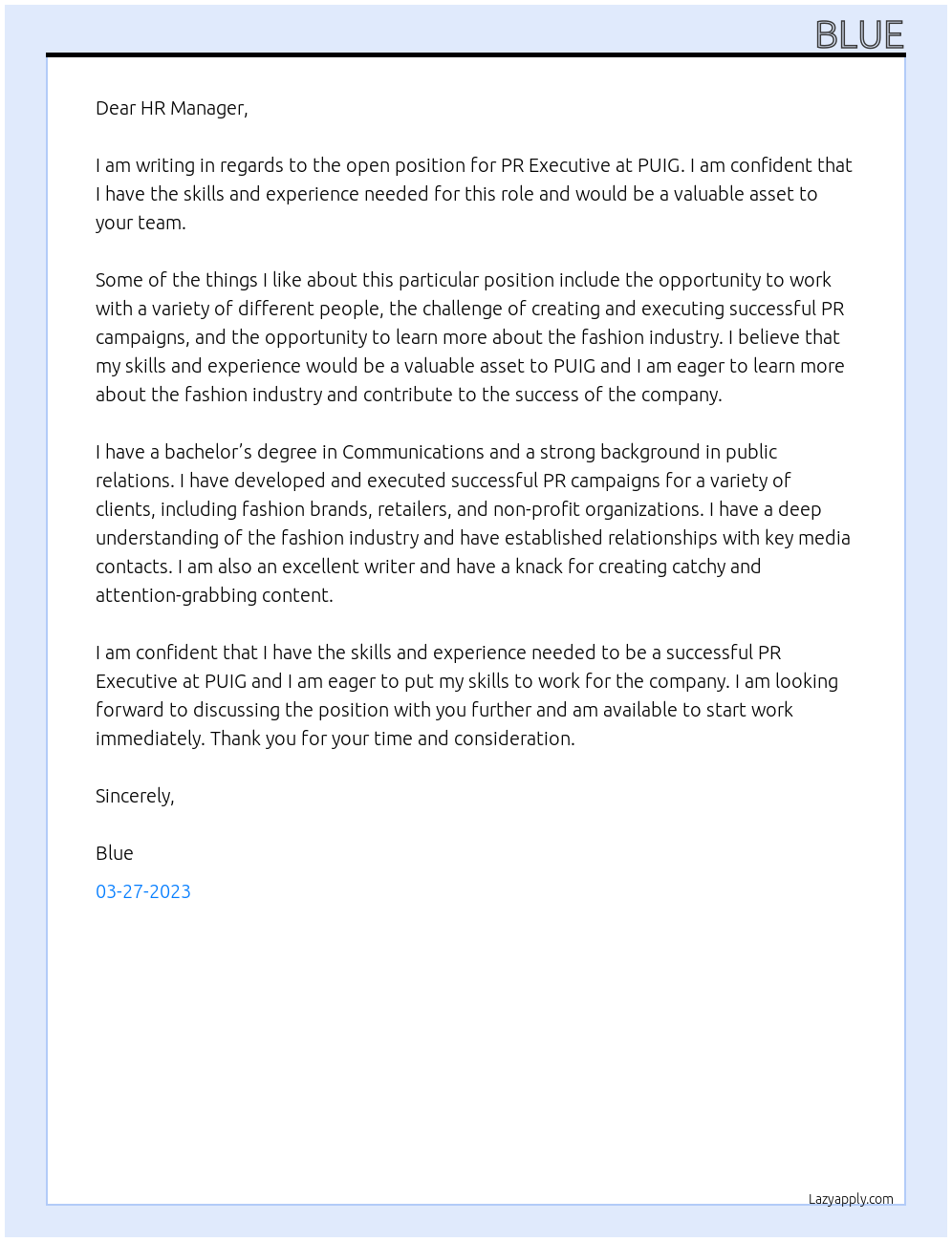 Cover letter for pr executive - LazyApply