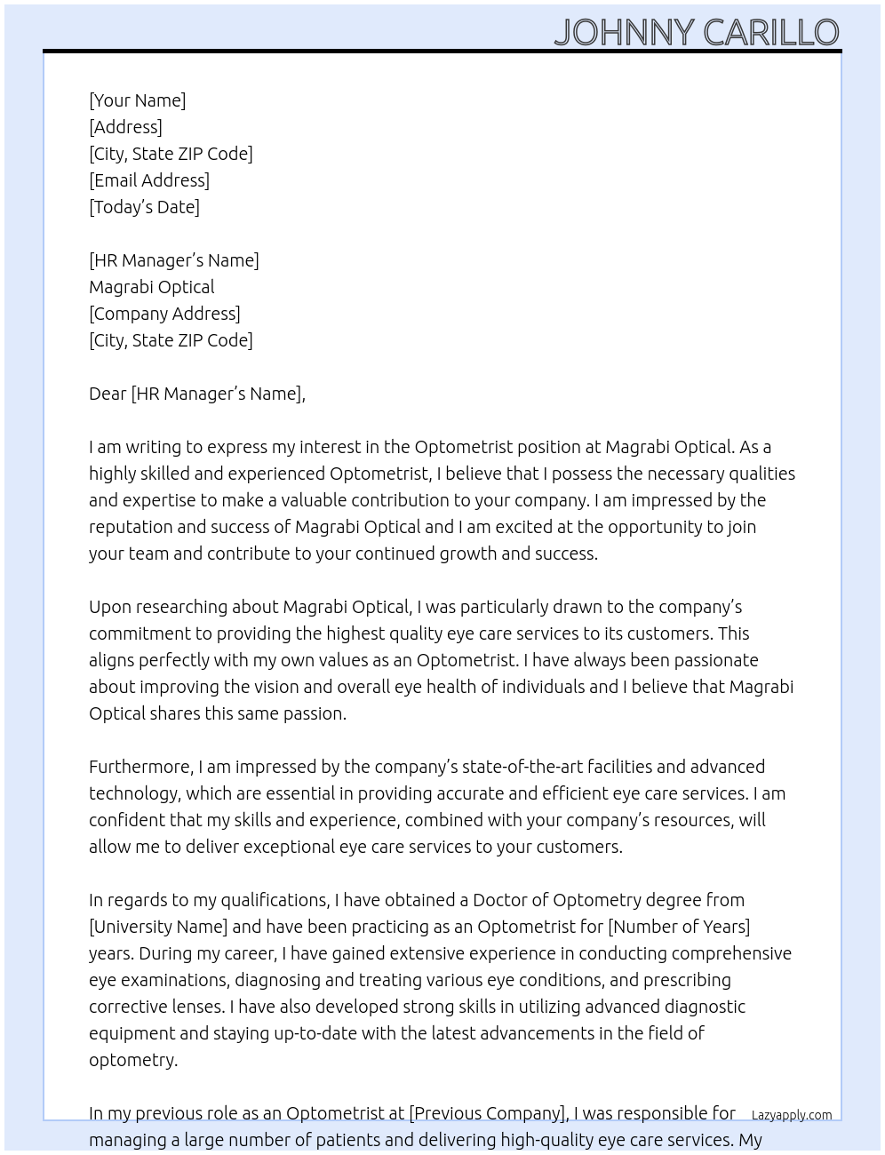 Cover letter for optometrist - LazyApply