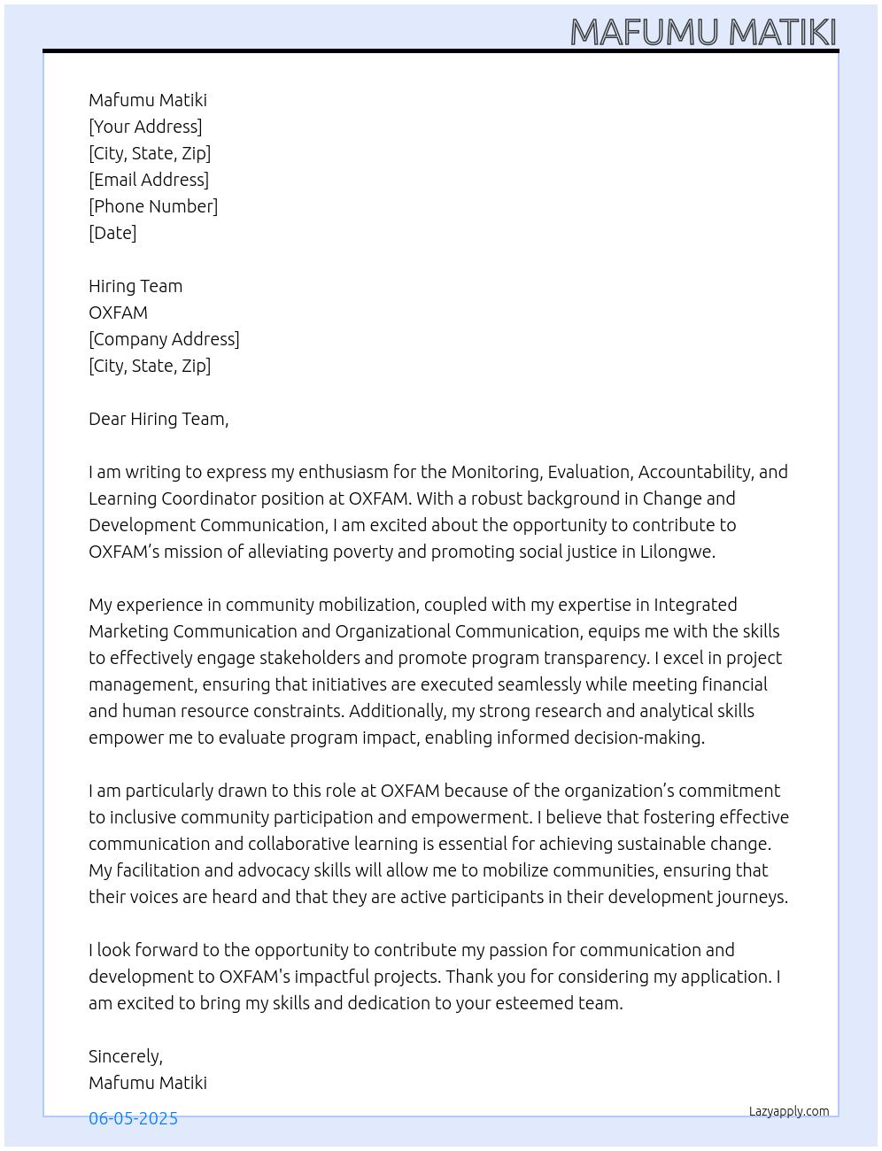 Cover letter for monitoring evaluation accountability and learning ...