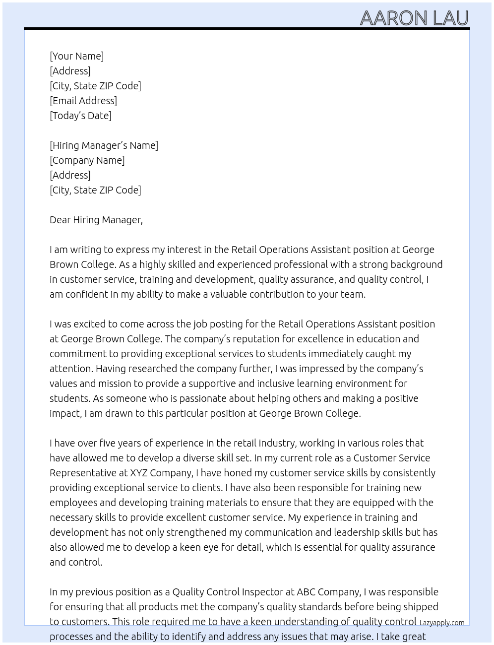 Cover letter for retail operations assistant - LazyApply