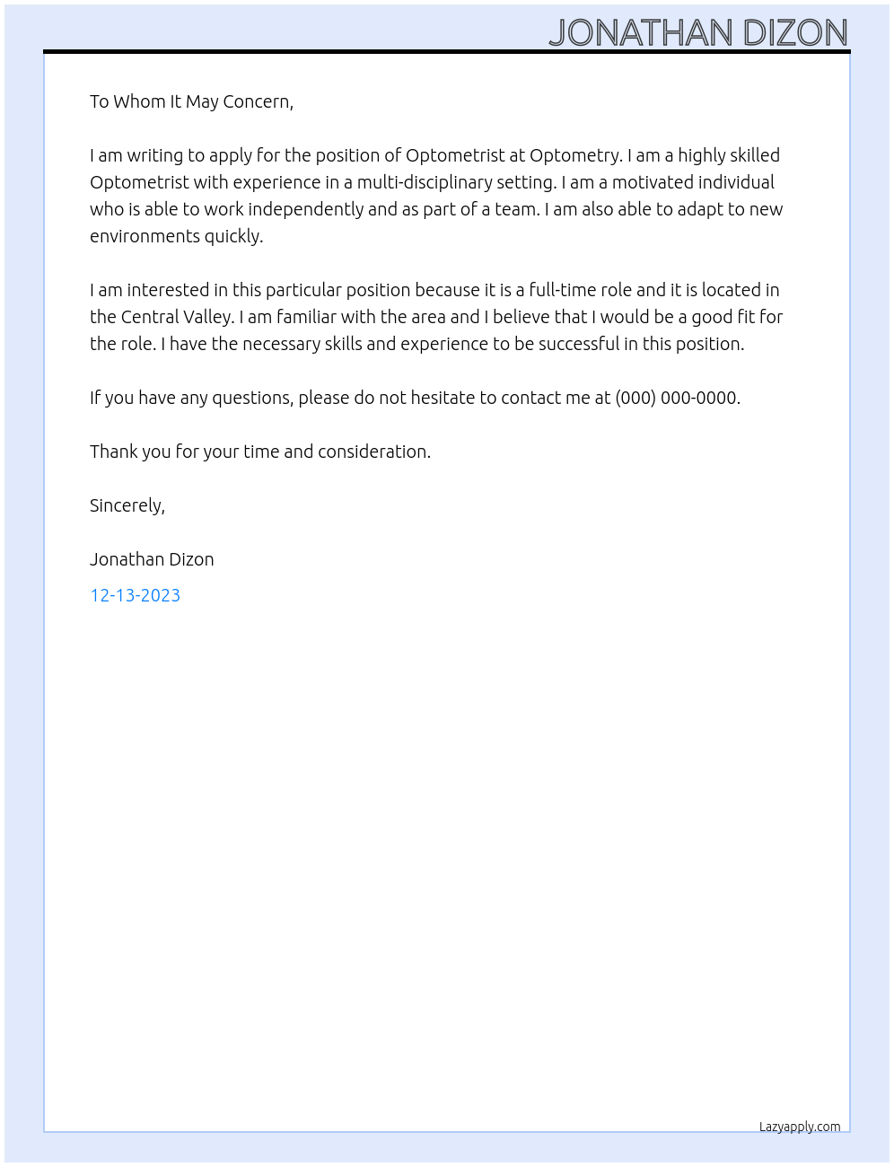 Cover letter for optometrist - LazyApply