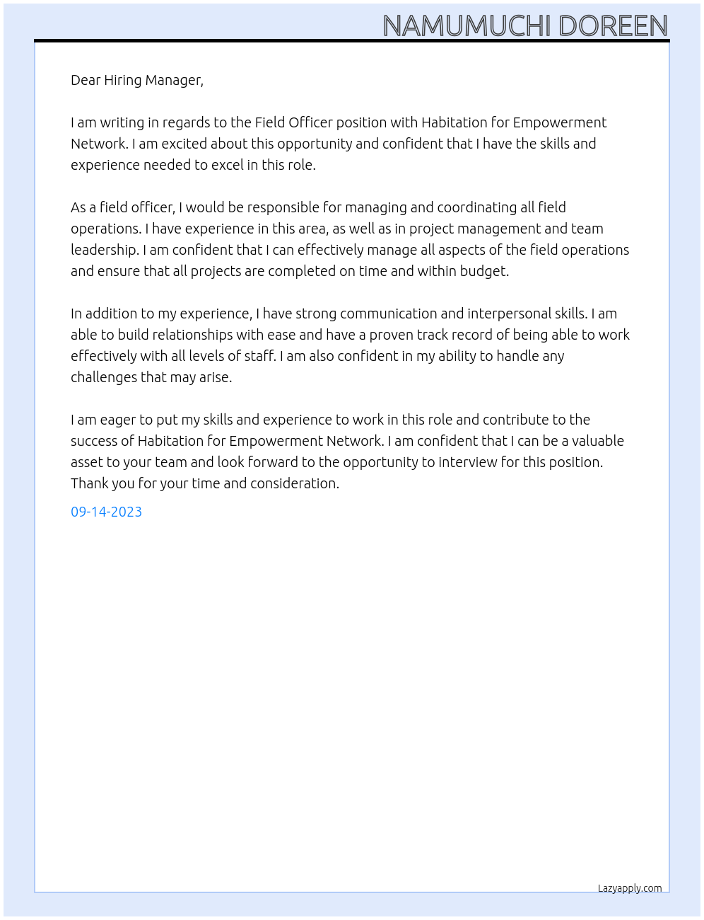 Cover letter for field officer - LazyApply