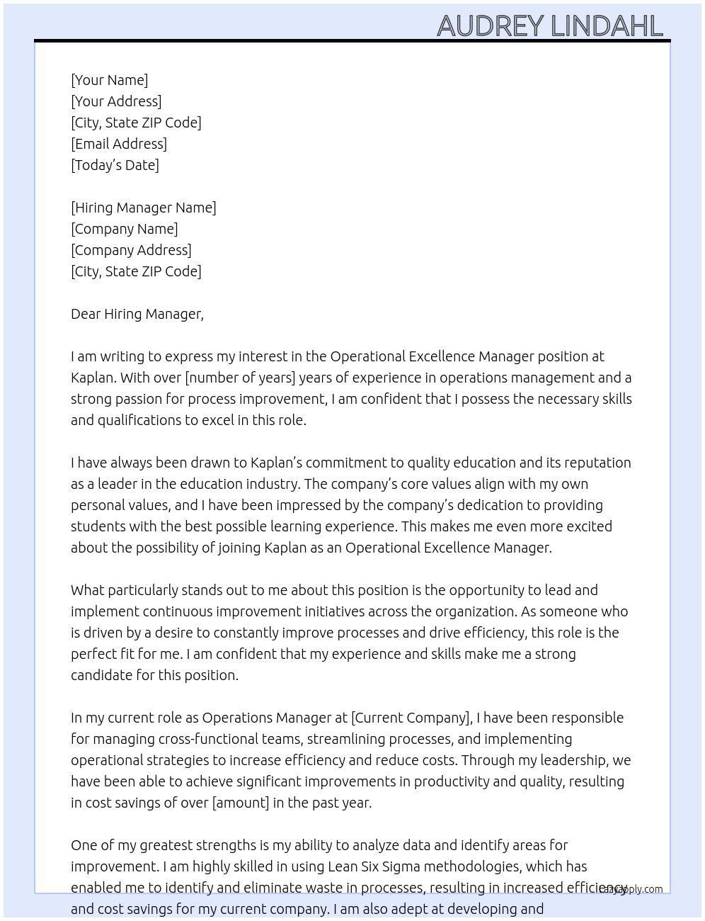 Cover letter for operational excellence - manager - LazyApply