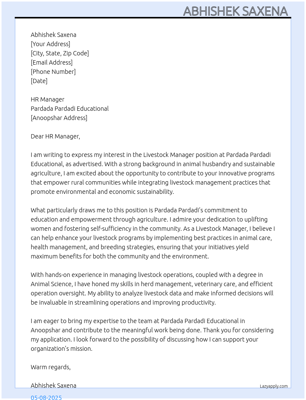 Cover letter for livestock manager - LazyApply