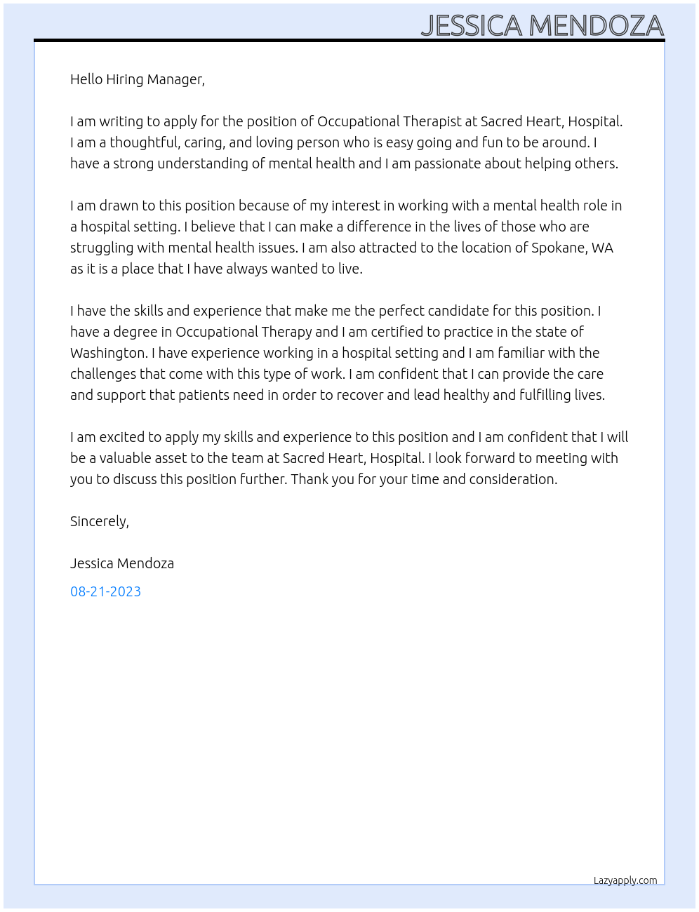 Cover letter for occupational therapist - LazyApply