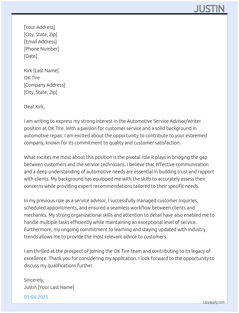Cover letter for automotive service advisor/writer - LazyApply