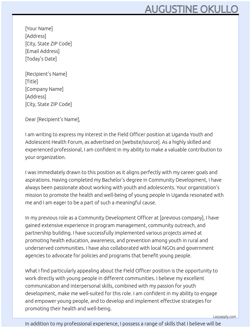 Cover letter for field officer - LazyApply