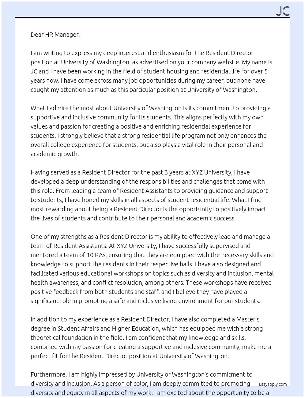 Cover letter for resident director - LazyApply