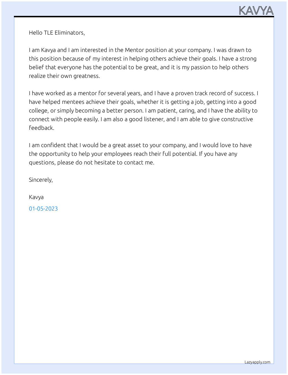Cover Letter For Mentor LazyApply