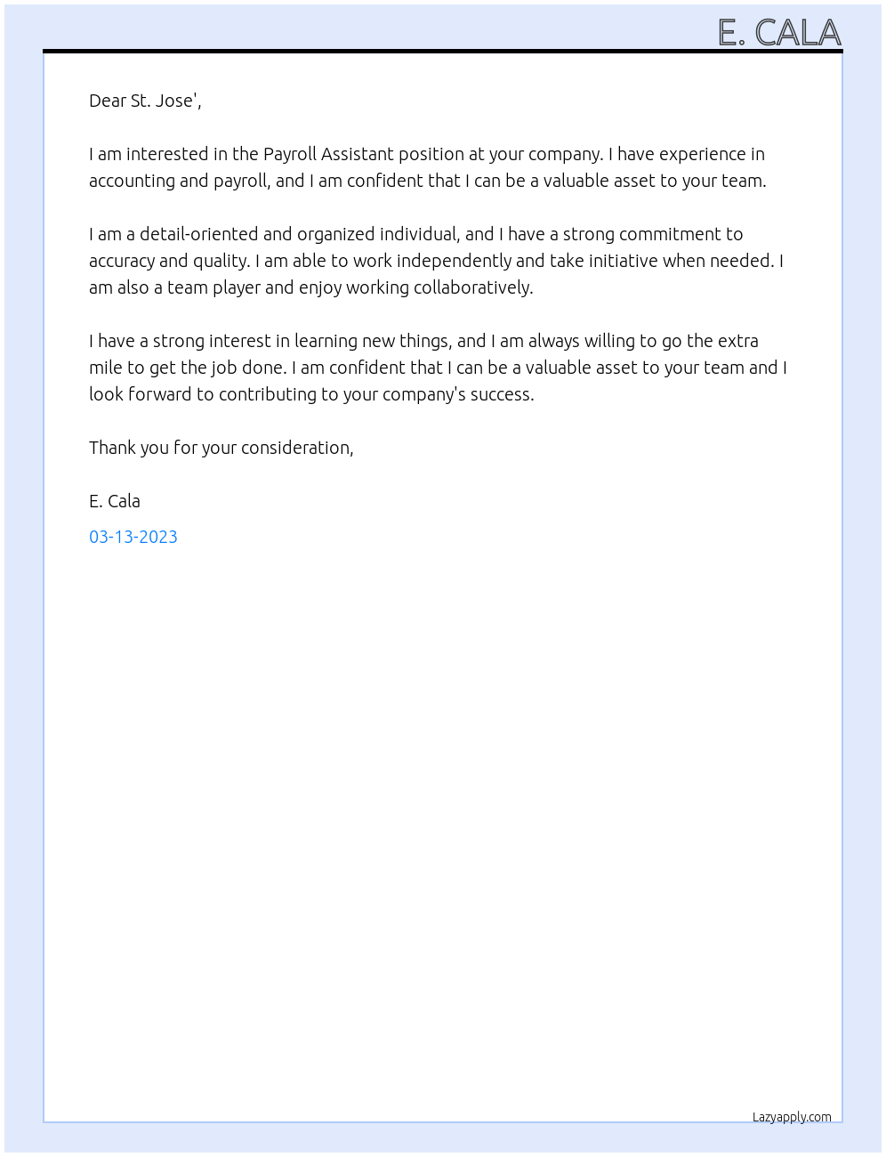 Cover letter for payroll assistant - LazyApply