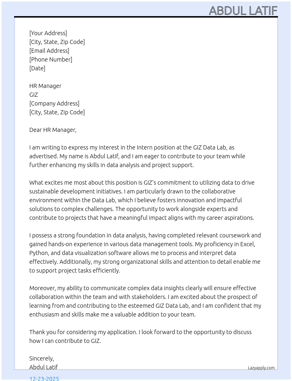 Cover letter for intern in the giz data lab - head of support - LazyApply
