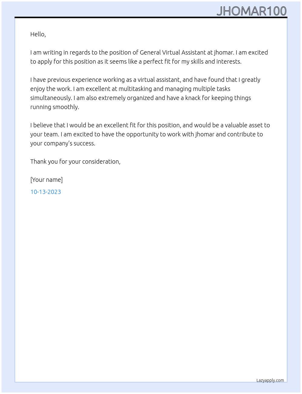 Cover letter for general virtual assistance - LazyApply