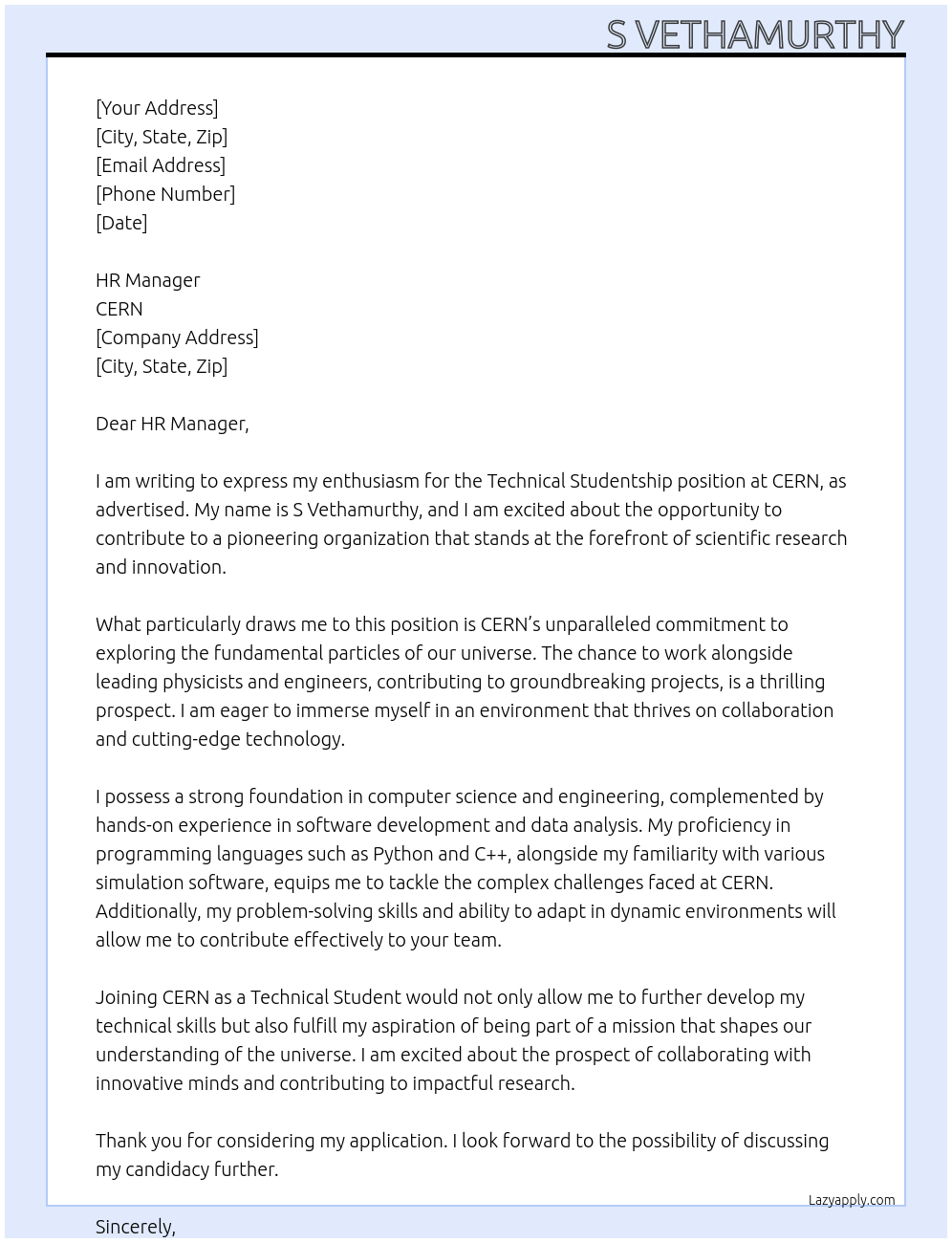 Cover letter for technical studentship - LazyApply