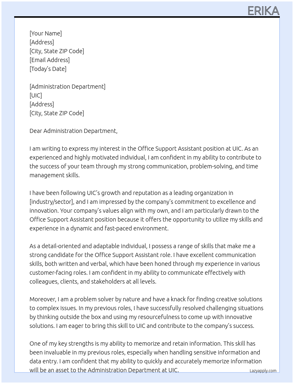 Cover letter for office support assistant - LazyApply