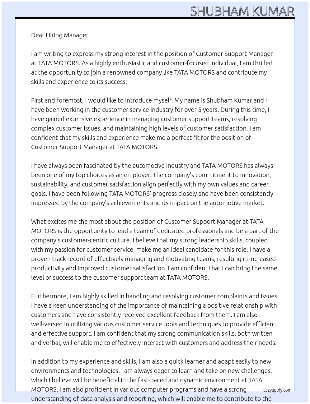 Cover letter for customer support manager - LazyApply