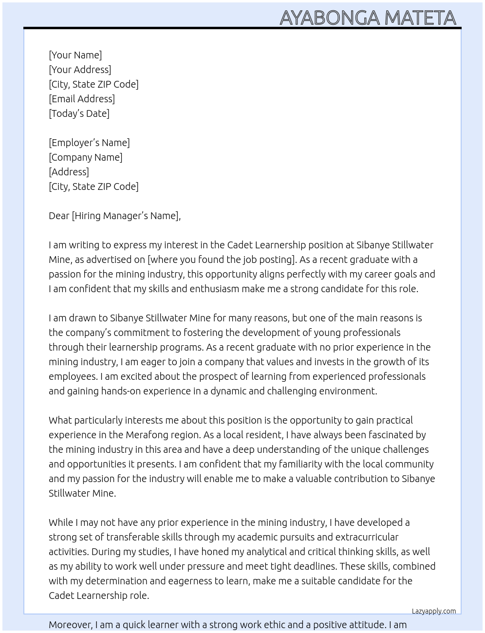 Cover letter for cadet learnership - LazyApply
