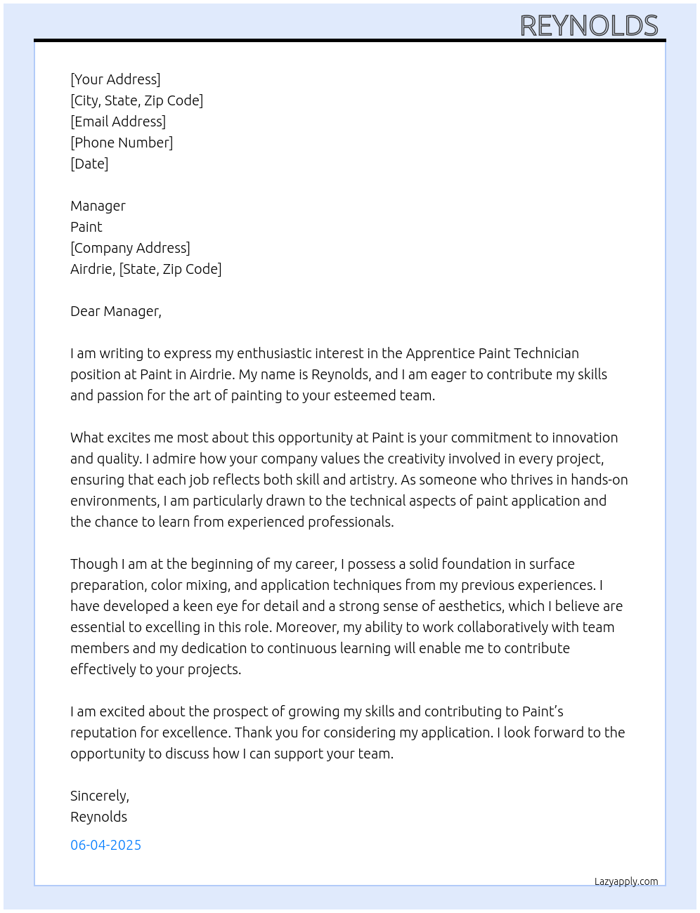 Cover letter for apprentice paint technician - LazyApply