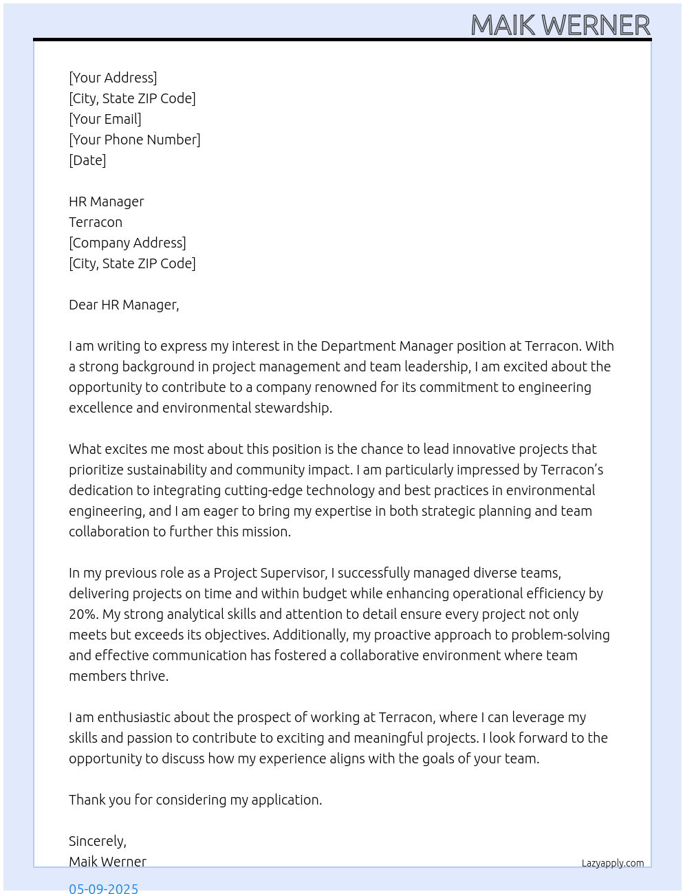 Cover letter for department manager - LazyApply