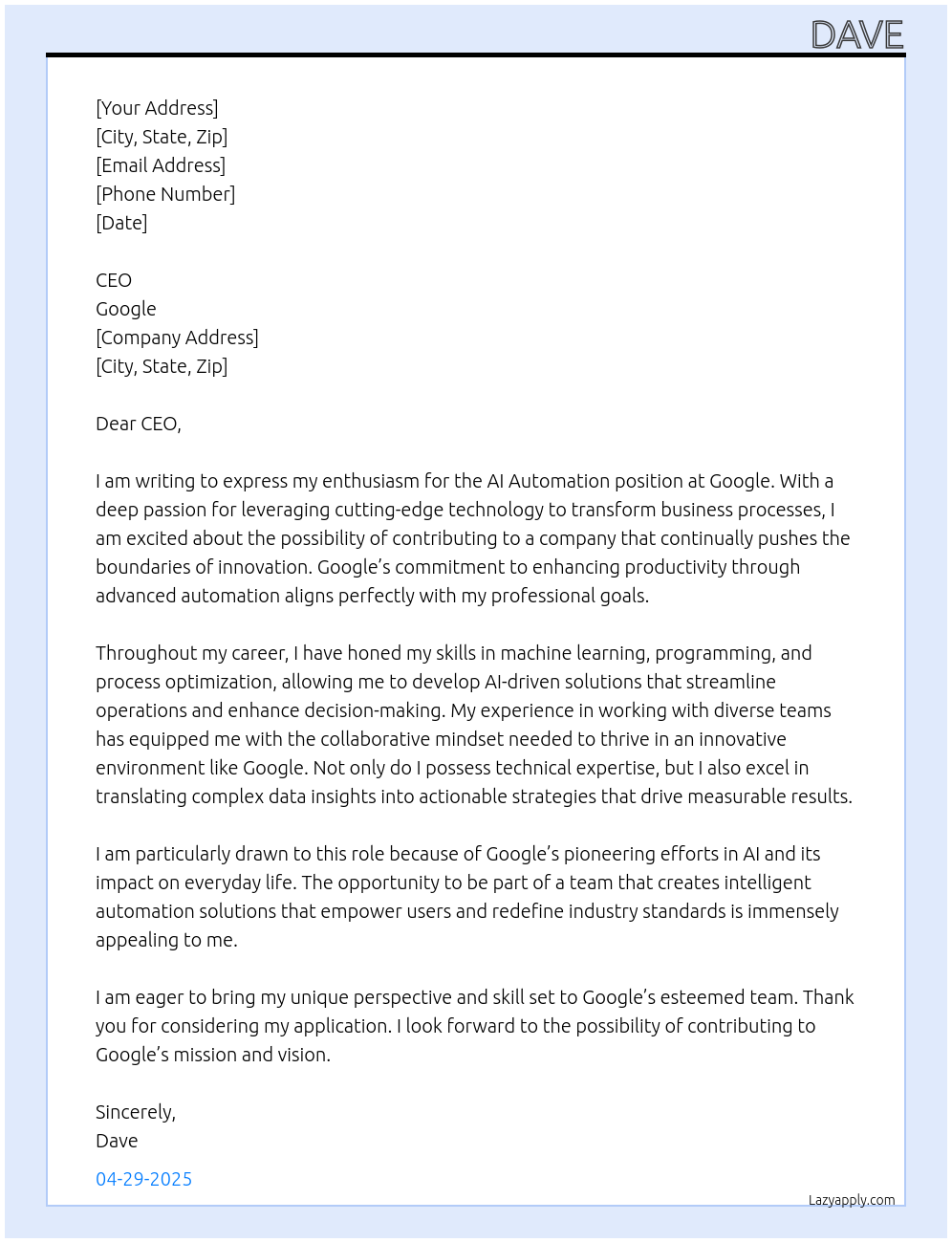 Cover letter for google - LazyApply