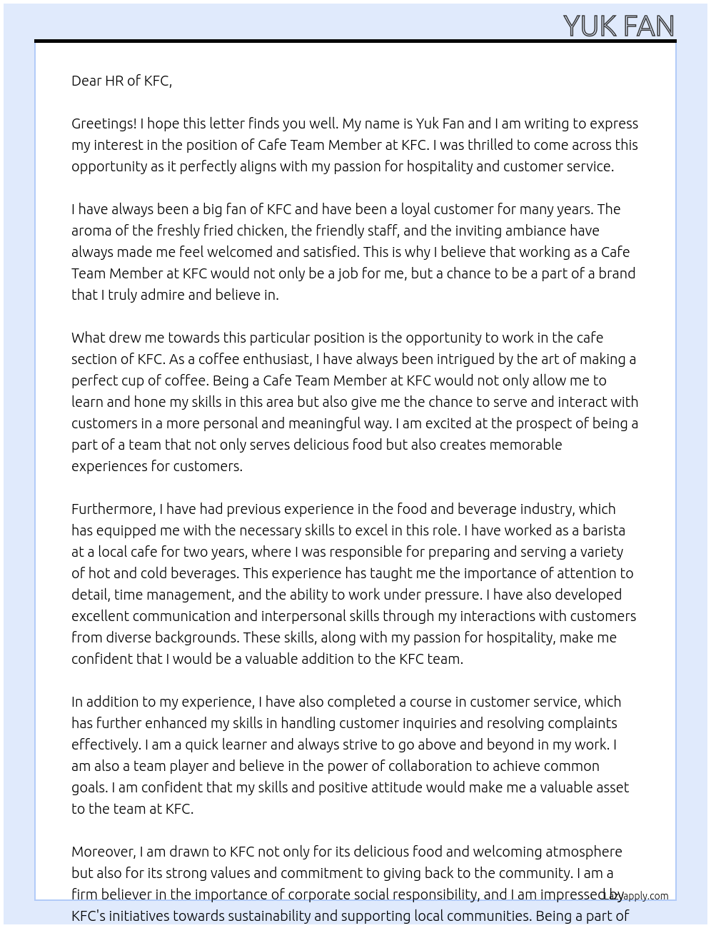 Cover letter for cafe team member - LazyApply