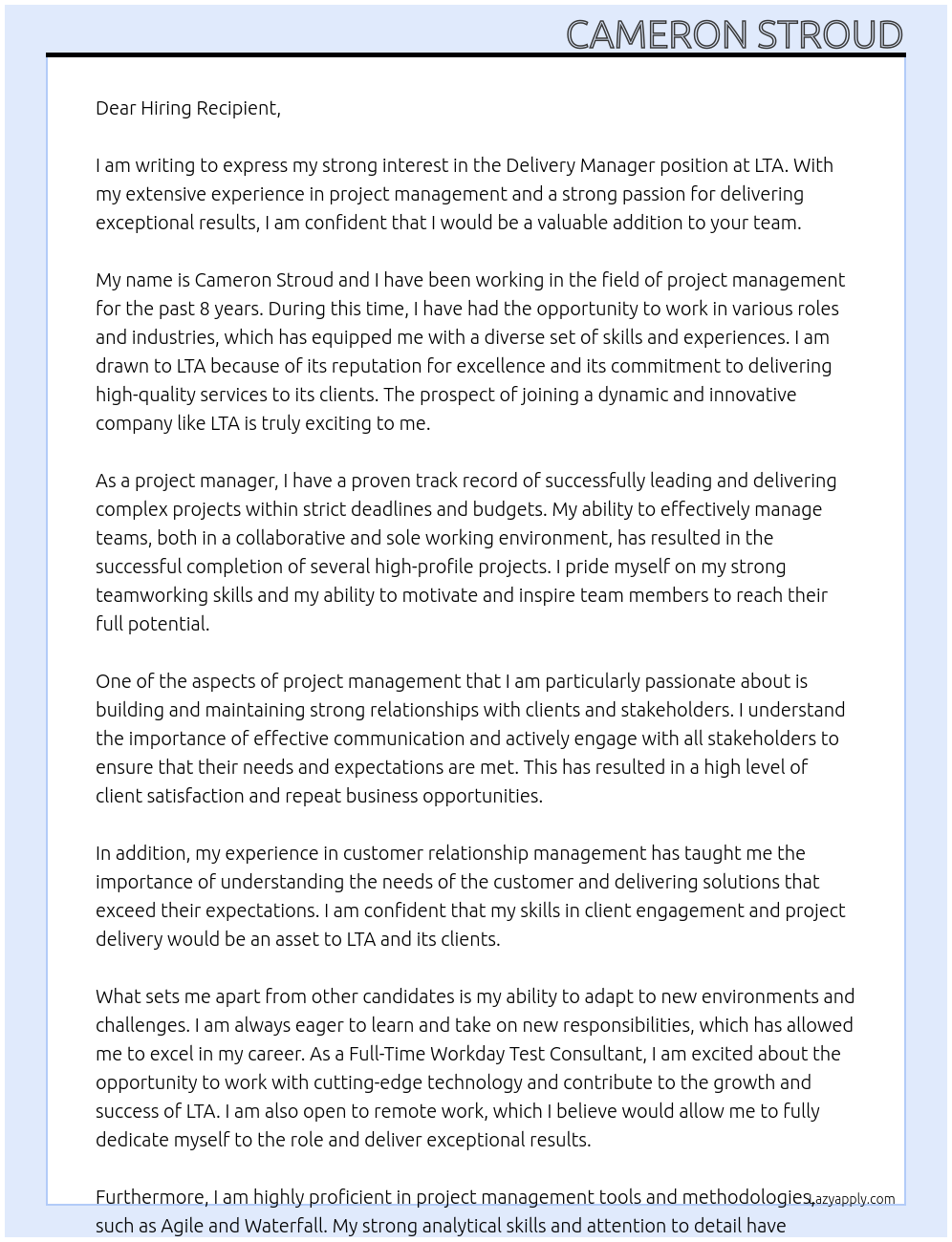 Cover letter for delivery manager - LazyApply