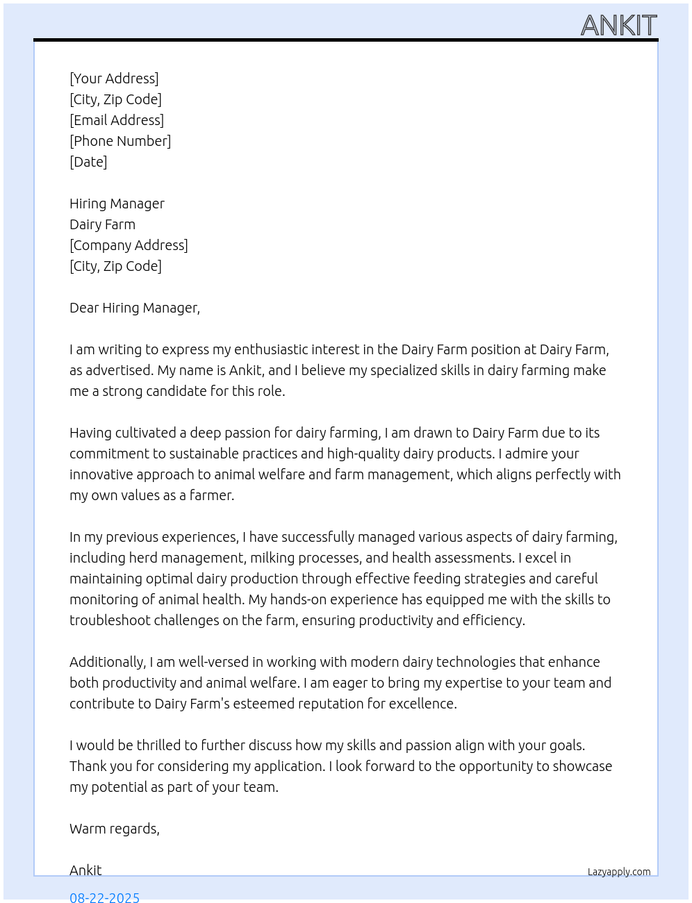 Cover letter for dairy farm - LazyApply