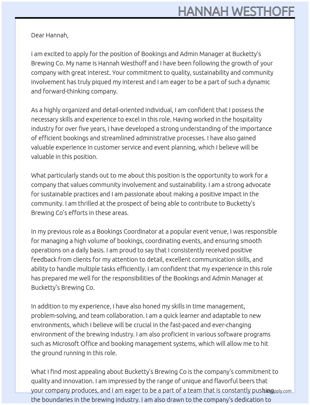 Cover letter for bookings and admin manager - LazyApply