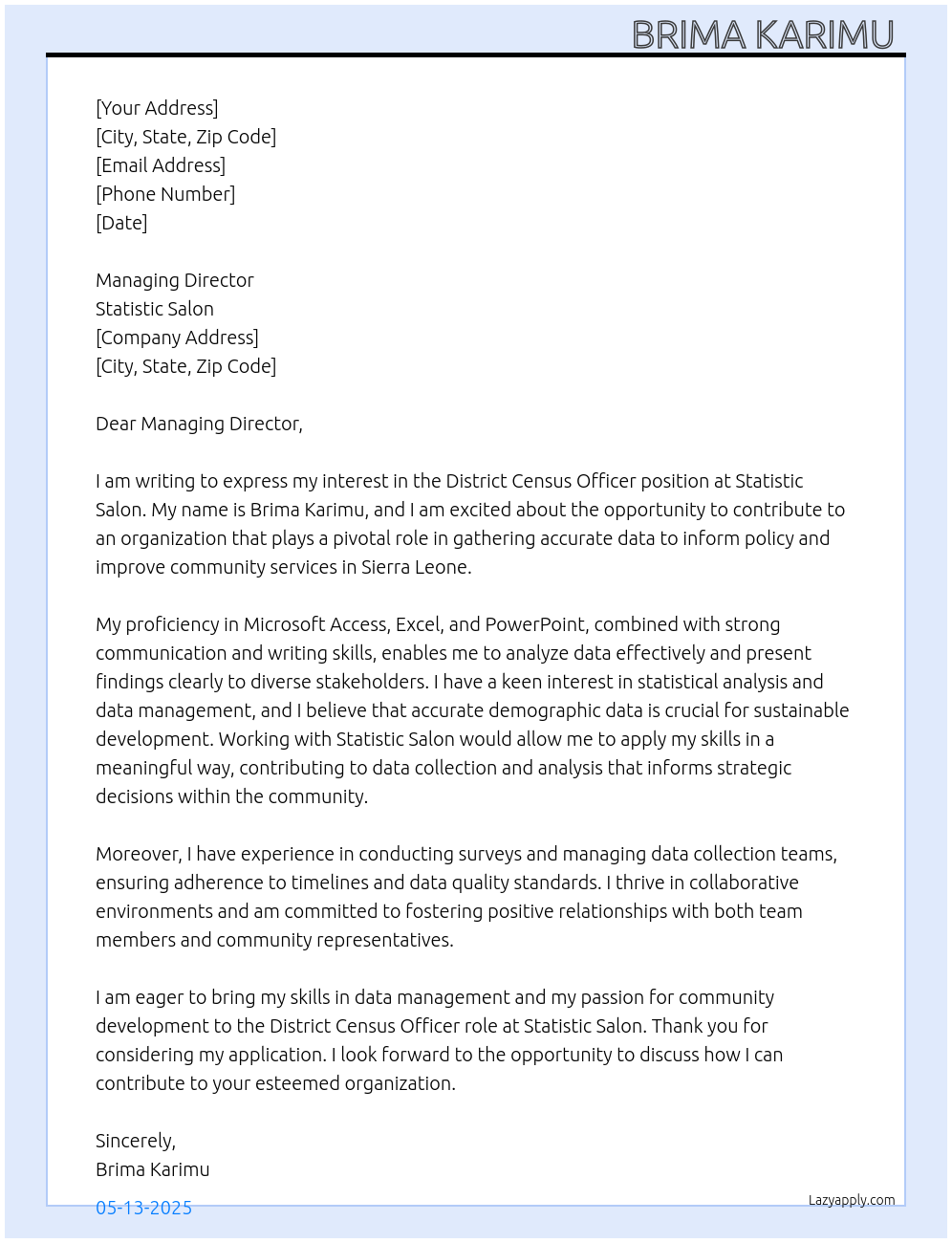 Cover letter for district census offer - LazyApply