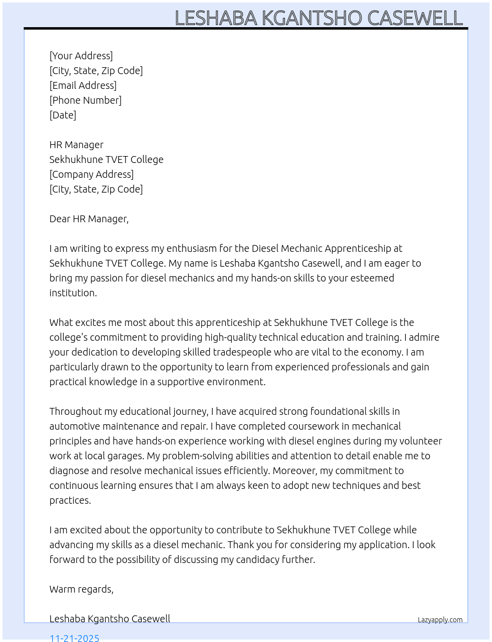 Cover letter for diesel mechanic apprenticeship - LazyApply