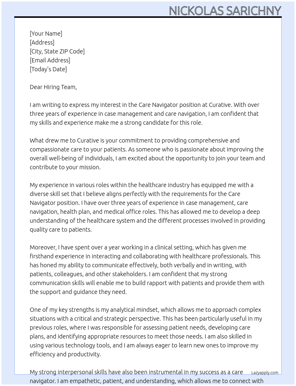 Cover letter for care navigator - LazyApply
