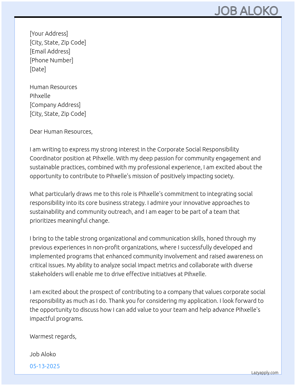 Cover letter for corporate social responsibility coordinator - LazyApply