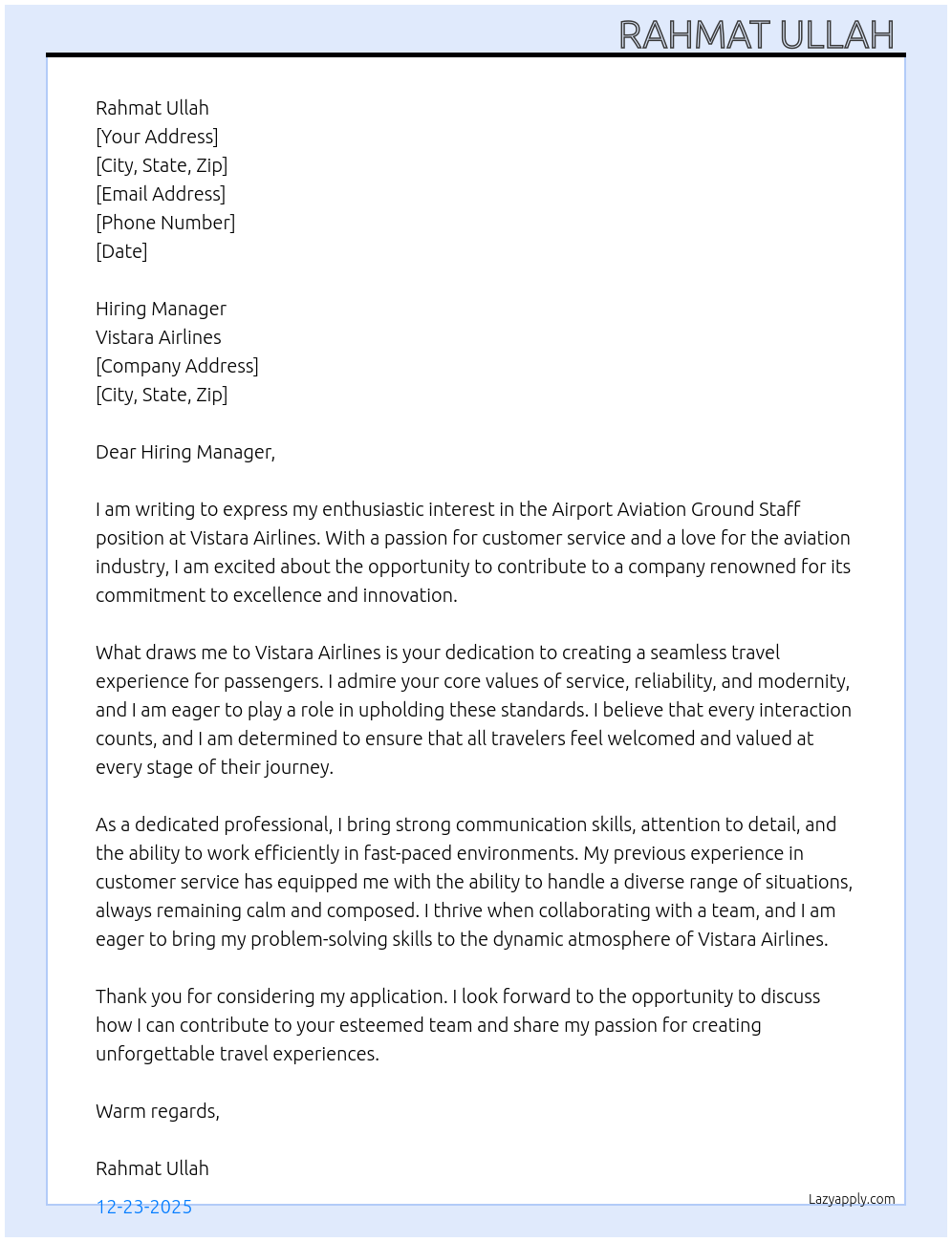 Cover letter for airport aviation ground staff - LazyApply