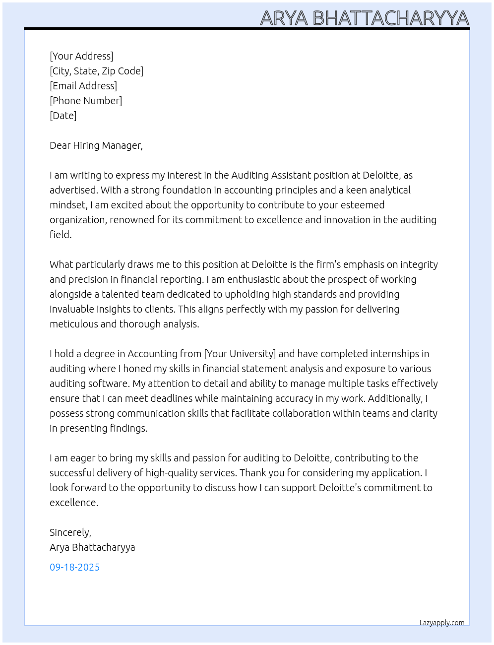 Cover letter for auditing assistant - LazyApply