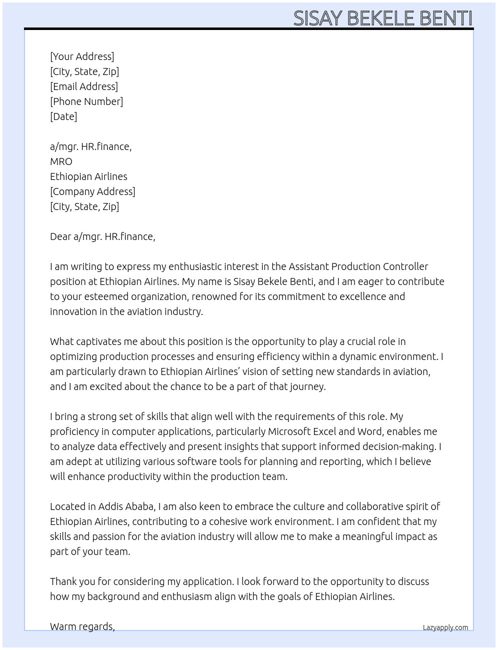 Cover letter for assistant production controller - LazyApply