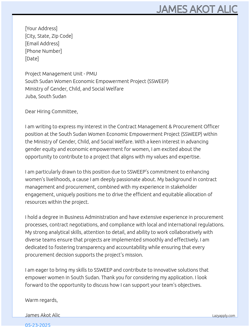 Cover letter for contract management & procurement officer - LazyApply