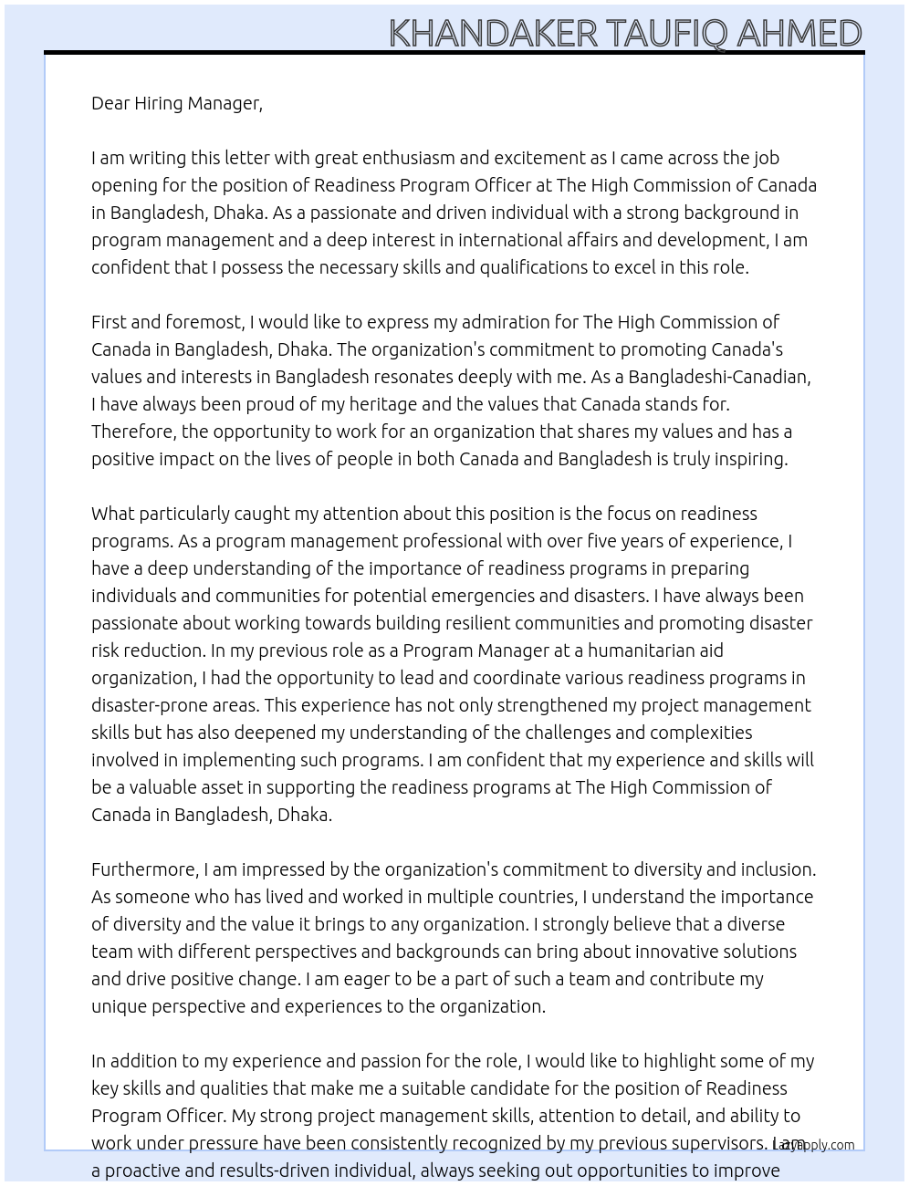 Cover letter for readiness program officer - LazyApply