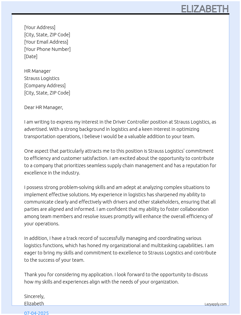 Cover letter for driver controller - LazyApply