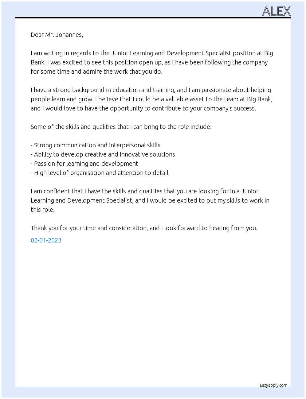 Cover Letter For Big Bank LazyApply