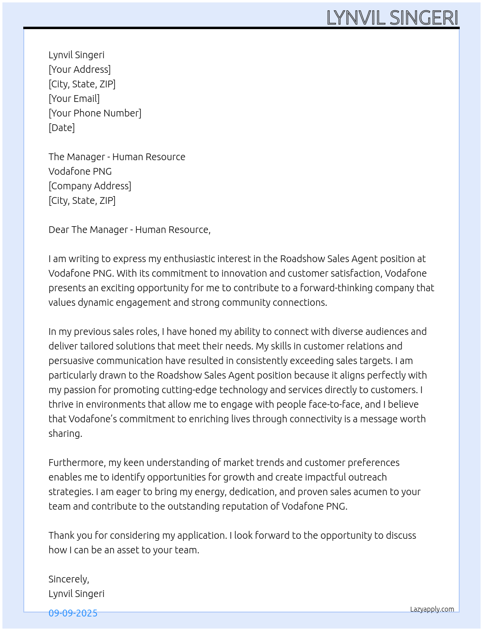 Cover letter for roadshow sales agent - LazyApply