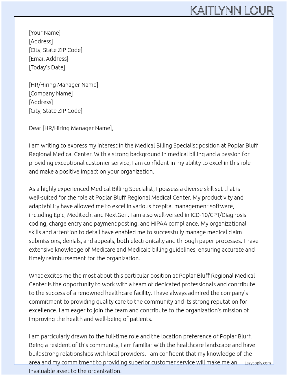 Cover letter for medical billing specialist - LazyApply