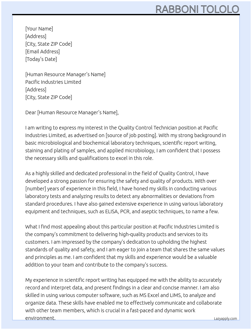 Cover letter for quality control technician - LazyApply
