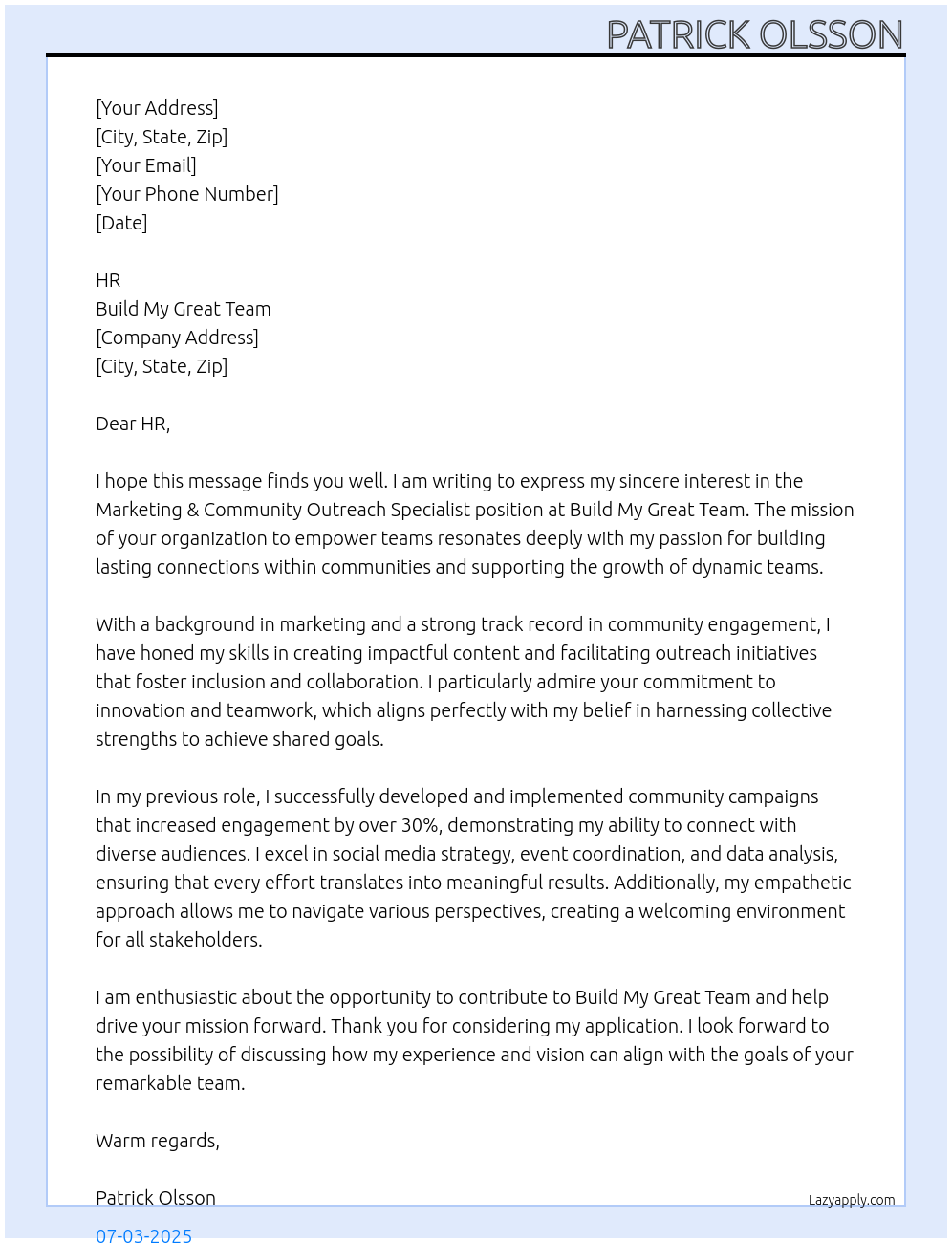 Cover letter for marketing & community outreach specialist - LazyApply