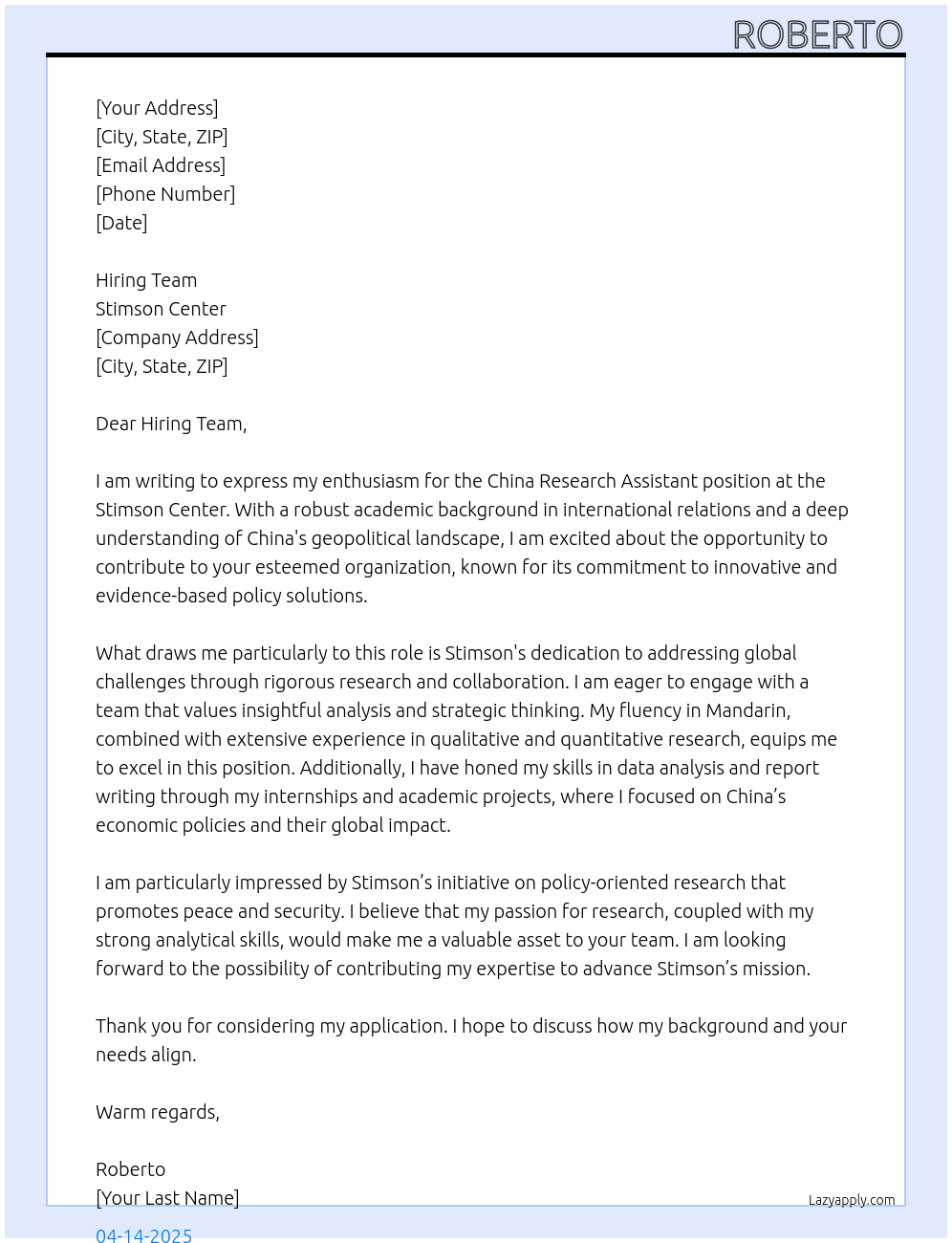 Cover letter for china research assistant - LazyApply