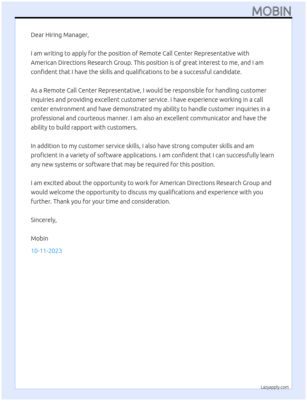 Cover letter for remote call center representative - LazyApply