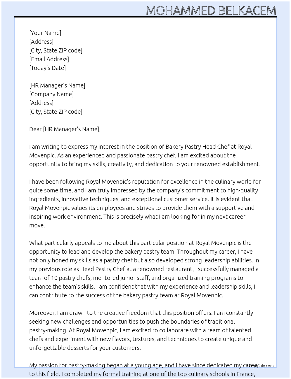 Cover letter for bakery pastry head chef - LazyApply