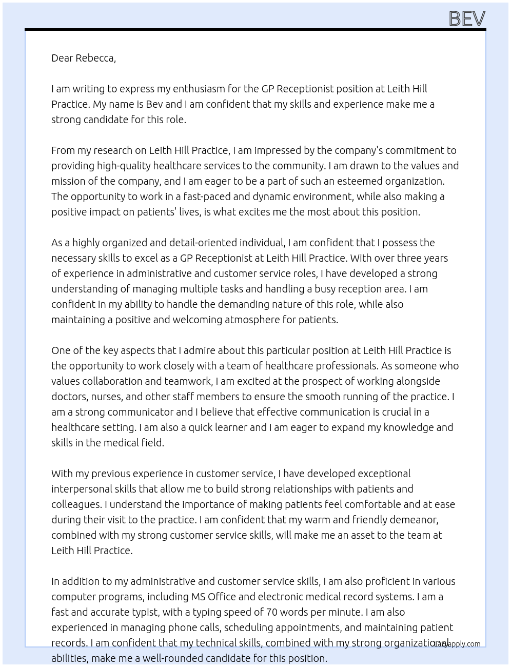 Cover letter for gp receptionist - LazyApply